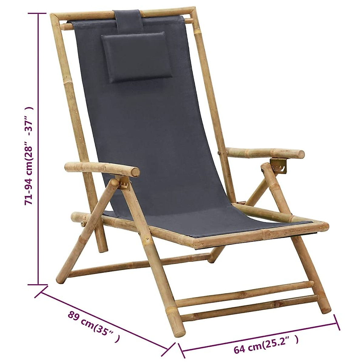 WEMYUFURN Reclining Relaxing Chair Dark Gray Bamboo and Fabric, Patio Dining Chairs, Bar Stools, Outdoor Seating for Outdoor Relaxation and Entertaining in Your Backyard or Poolside