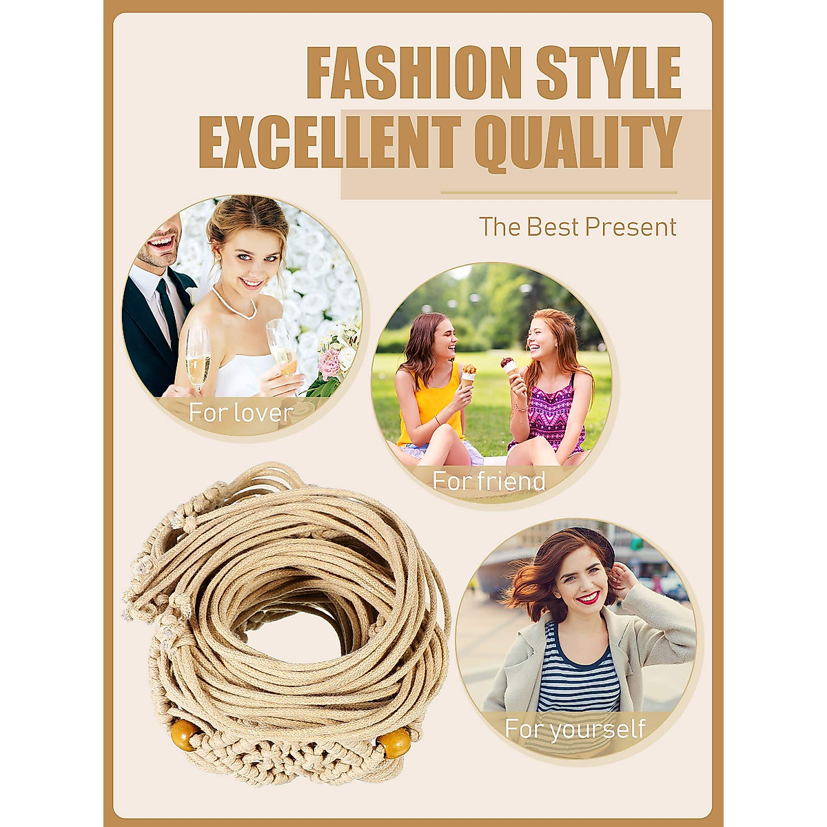 Hercicy Women Bohemian Style Belt Macrame Braid Waist Belt for Dresses Christmas (Khaki) Medium