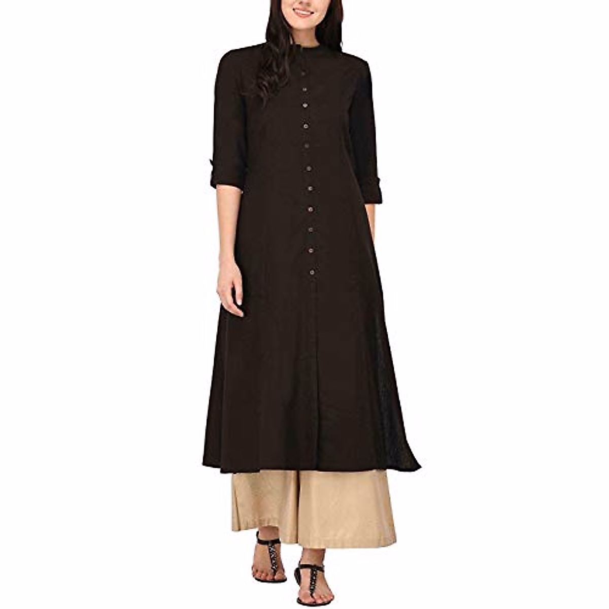 Women's Pure Cotton Plain Tunic Top Front Slit 3/4 Sleeves Roll-UP Chinese Neck Buttons Down Pocket Long Kurti Kurta Black