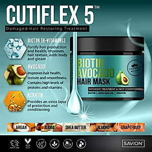 SAVION Avocado Oil & Biotin Hair Mask - Intensive Treatment & Deep Conditioning for Dry Damaged Hair - CUTIFLEX5 with Natural Keratin, Collagen, Shea Butter, Argan Oil, Jojoba Oil, and Almond Oil