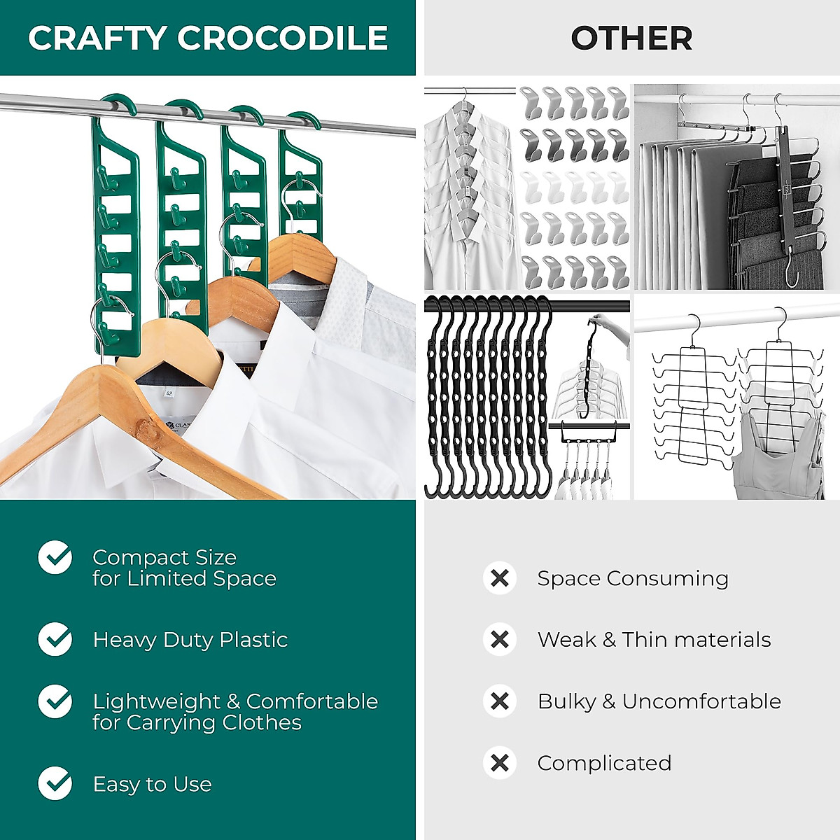 CraftyCrocodile Space Saving Hangers for Clothes - 4 in Pack, Heavy Duty Plastic, Multipurpose Closet Hangers for Jeans, Pants, Shirts, Sweaters - Essential Organizer