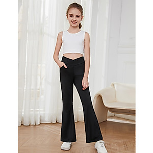 Zaclotre Girls Flare Leggings High Waisted V Crossover Casual Yoga Bell Bottoms with Pockets Pants for Kid Black