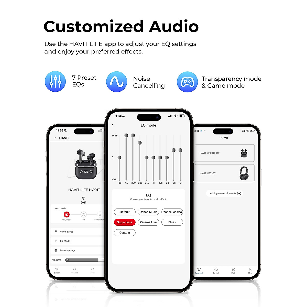 havit Wireless Earbuds Noise Cancelling, Bluetooth 5.4 Headphones with 4 ENC Noise Cancelling Mic, 40H Playtime, in-Ear Bluetooth Ear Buds 7 Preset EQs via App LED Display