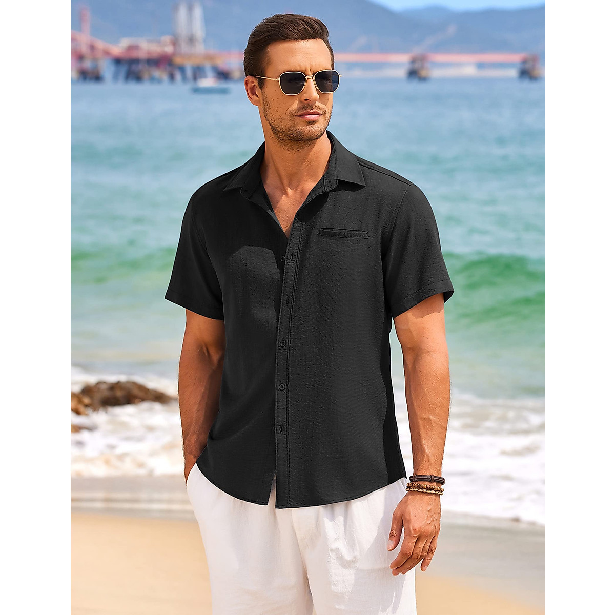 COOFANDY Mens Black Short Sleeve Button Down Shirts Summer Beach Linen Shirts Lightweight Resort Wear Shirts