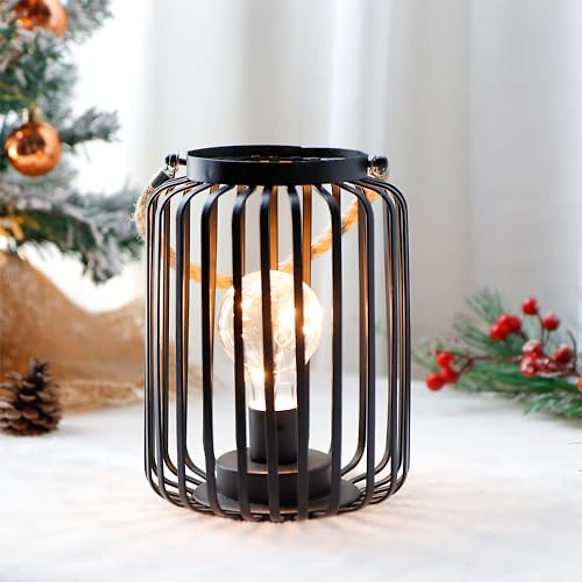 JHY DESIGN 7.5" High Metal Cage Decorative Lamp Battery Powered Cordless Warm White Light with LED Edison Style Bulb Great for Weddings Parties Patio Events Indoors Outdoors with Hemp Rope Handle