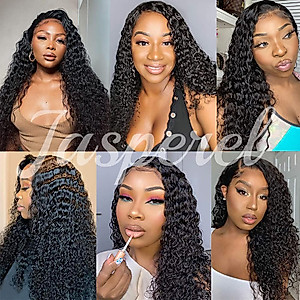 Deep Wave Lace Front Wigs Human Hair for Black Women Curly Human Hair Wig Wet Wavy Wear and Go Glueless Wigs Pre Plucked Bleached Knots Brazilian Virgin Wig with Baby Hair Natural Color 18 Inch