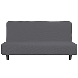 Easy-Going Stretch Futon Slipcover Armless Futon Bed Cover Furniture Protector Without Armrests with Elastic Bottom for Kids, Soft Jacquard Fabric Small Checks (Large, Grey)