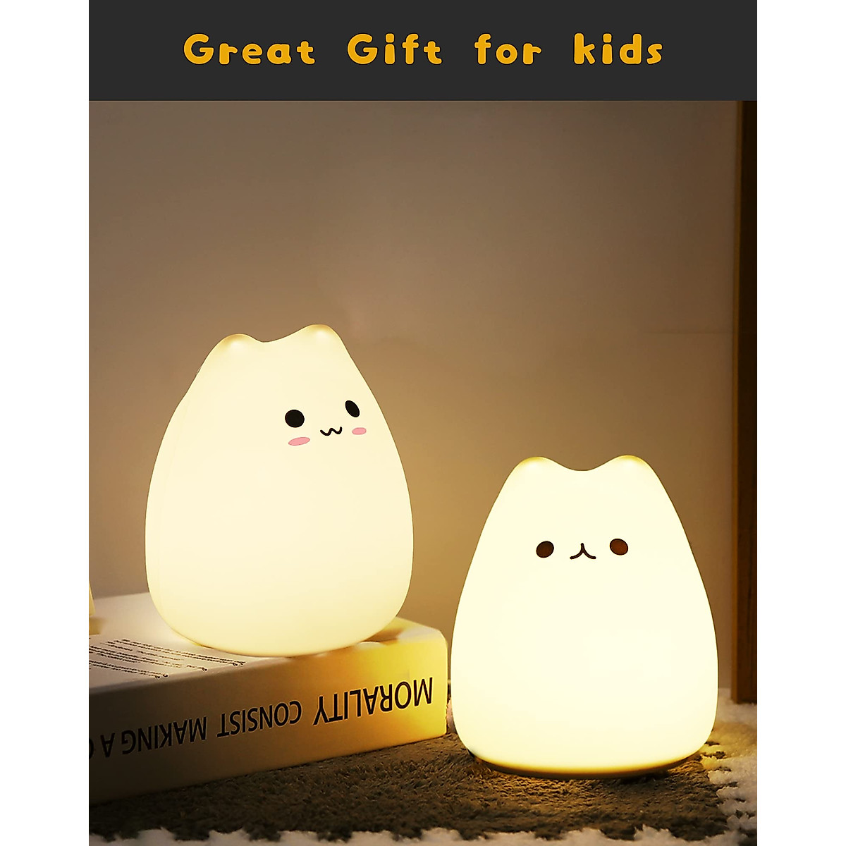 LED Cat Night Light, Battery Powered Night Light for Kids, Silicone Multicolor Cute Cat Lamp with Warm White and 7-Color Breathing Mode, Christmas Gifts for Kids, Baby, Children, Lady (Cute Cat)