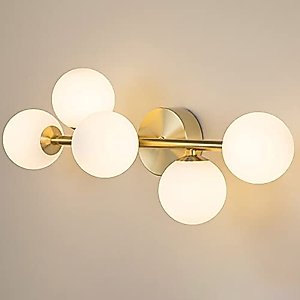 Bathroom Vanity Lights, 5-Light Bathroom Light Fixtures, Mid Century Modern Gold Bathroom Light Ceiling Light, Dimmable LED Wall Sconces Semi-Flush Mount Light Fixture with Milk Glass, Gold Brushed
