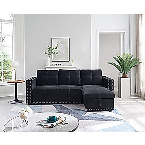 Tmosi Couch with Pull Out Bed, Sleeper Sectional L Shaped Velvet Sofa, 2 Seats Sofa with Reversible Storage Chaise, for Living Room Furniture Set (Black)