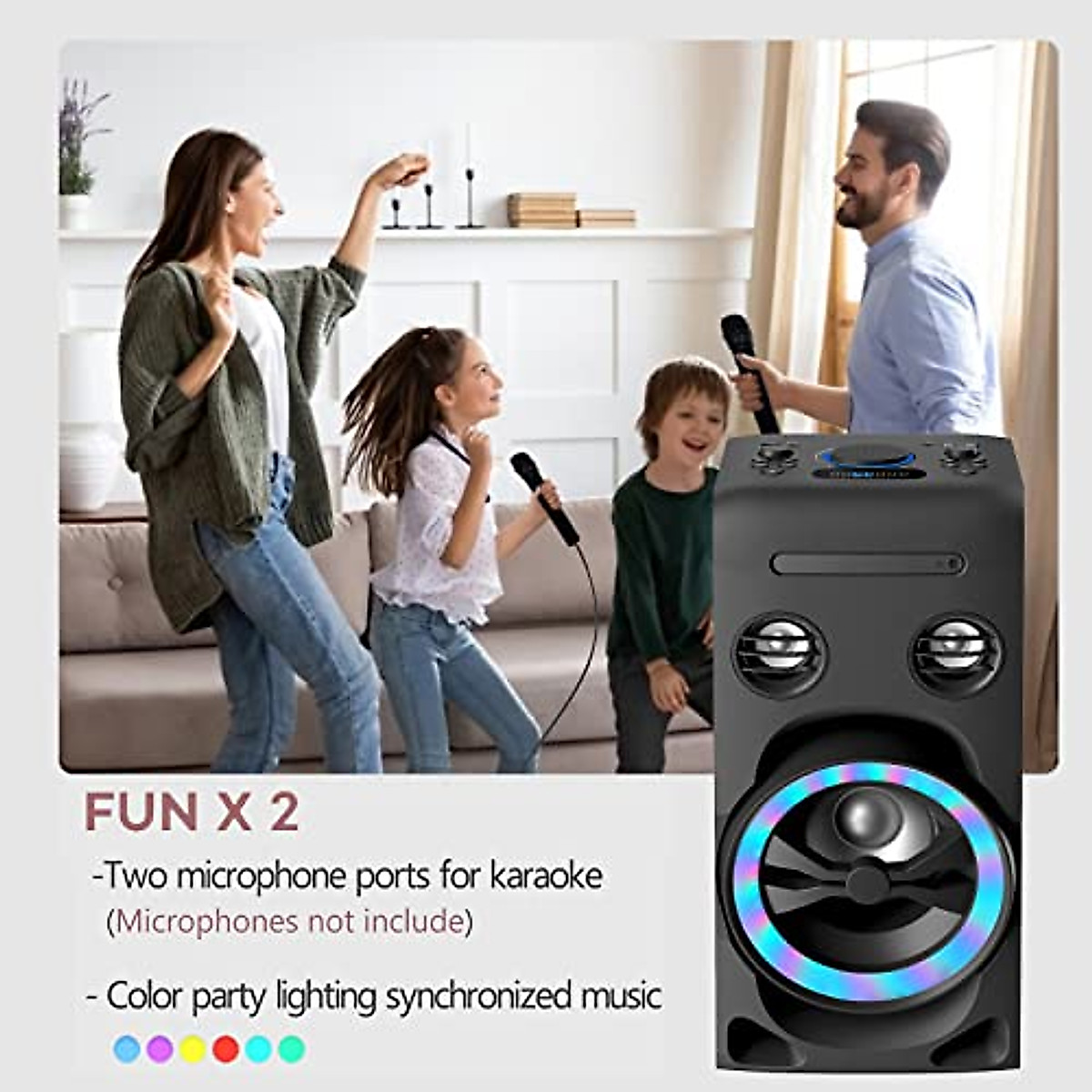 Home Stereo System CD/DVD Player, Bluetooth Party Speaker with Karaoke MIC Ports x 2, Floorstanding Soundsystem with LED Lightshow, Bass/Echo Adjustable