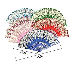 PHONME Multipurpose 2 pcs Fashion Folding Fan Flower Lace Silk Wedding Dance Party Stage Performance Decoration Fashion Stamping Hand Held Fan for Decoration Vintage style (Color : Red)