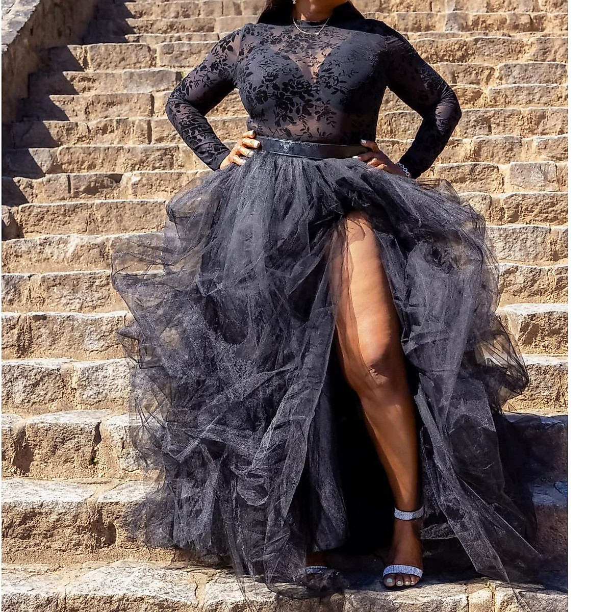 Lisong Women Maxi Tulle Floor Length Bustle Skirt Elastic High Waist Special Occasion Party Skirt XL Black