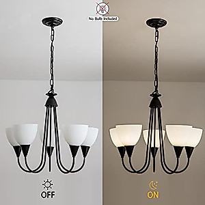HuisMier 5 Light Contemporary Chandeliers with Alabaster Glass Shade, Modern Black Dining Room Chandelier Mid Century Hanging Pendant Lighting Fixtures for Living Room Foyer Bedroom