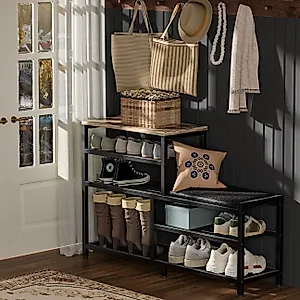 X-cosrack Stylish 5-Tier Shoe Rack Bench with Seat and Boot-Hanging- Entryway Storage Organizer in Industrial Design Brown Black