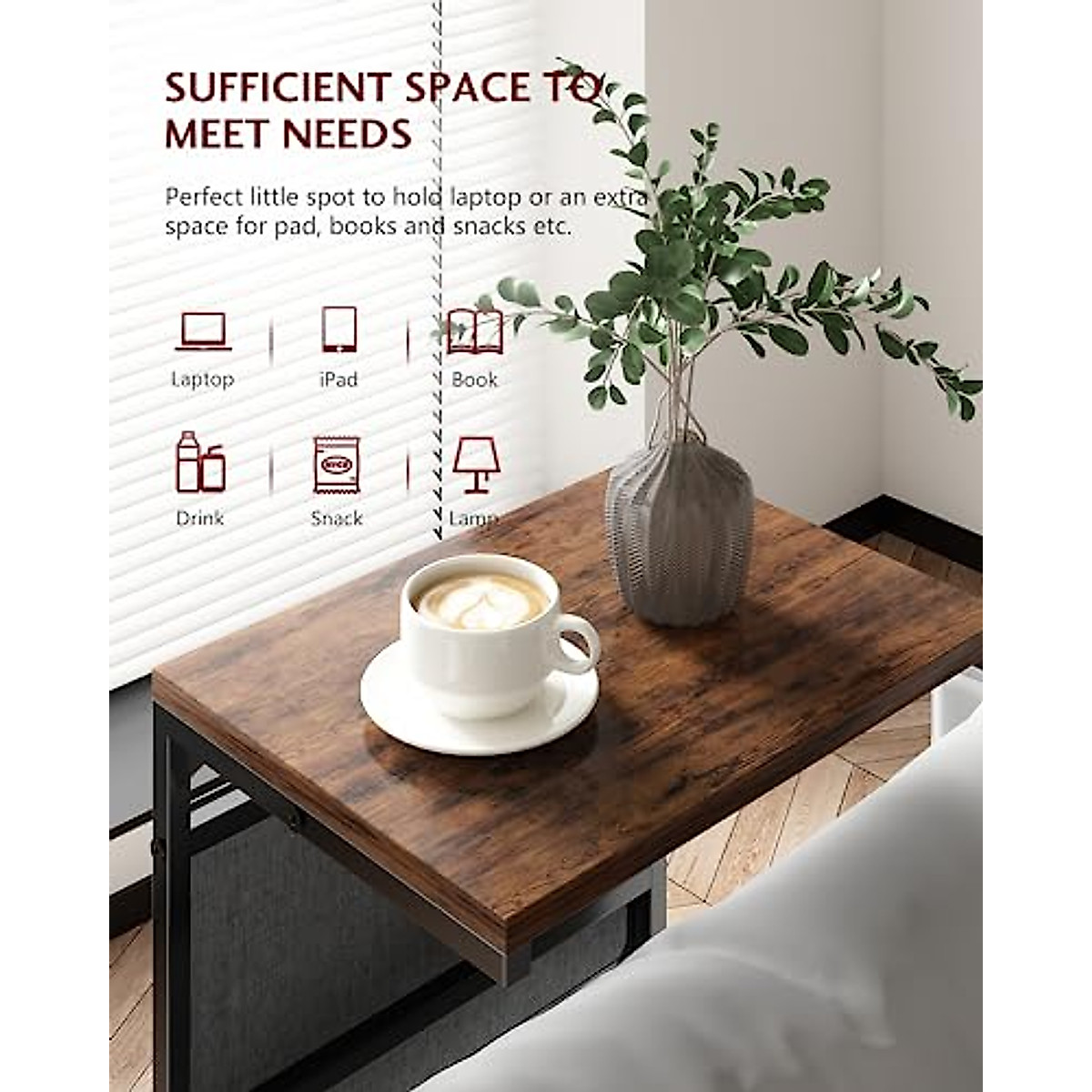 Vantic C Shaped End Table, Small Couch Side Table with Storage Bag, Sturdy Slide Under Sofa Table with Metal Frame for Living Room & Bedroom (16" L x 11.6" W x 28" H), Rustic Brown