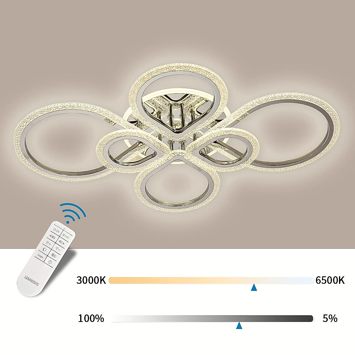 Modern Ceiling Light Fixture LED Chandelier Remote Control Dimmable 3000K-6500K Metal Polished Acrylic Flush Mount Lamp Suitable Living Room Bedroom Dining Room Kitchen (Polished Chrome, 6 Rings)