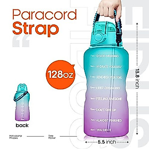 Fidus Large 1 Gallon Motivational Water Bottle with Paracord Handle & Removable Straw - BPA Free Leakproof Jug with Time Marker to Ensure You Drink Enough Water Throughout the Day-Green/Purple