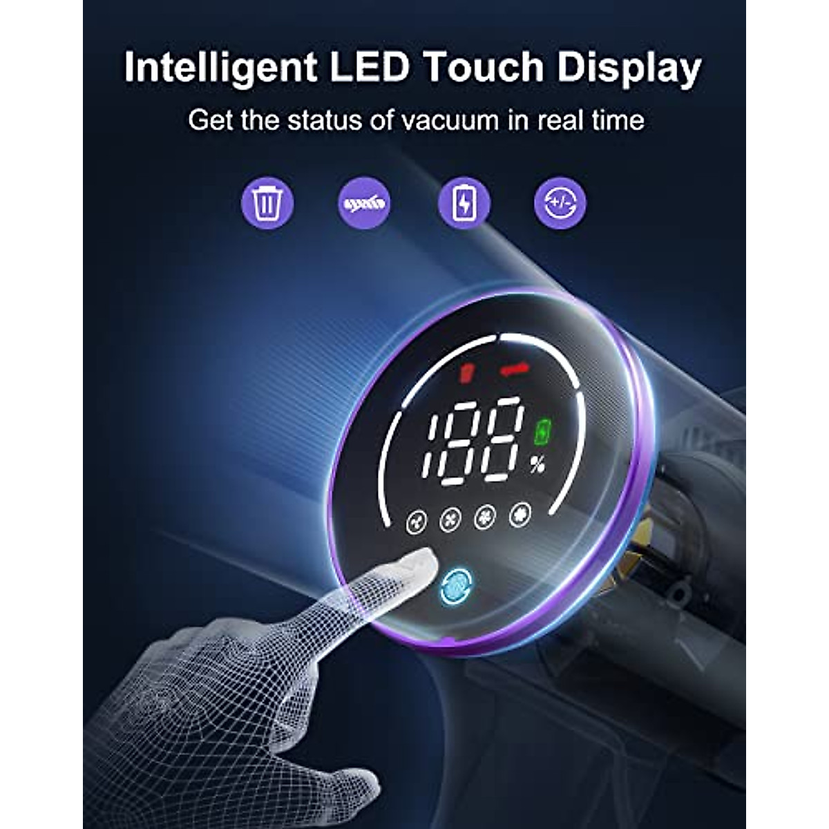 WLUPEL Cordless Vacuum Cleaner, 33Kpa Stick Vacuum Cleaner, 400W Handheld Vacuum with LED Touch Screen, 50mins Runtime for Pet Hair, Carpet and Hardwood Floor(KB-H015)