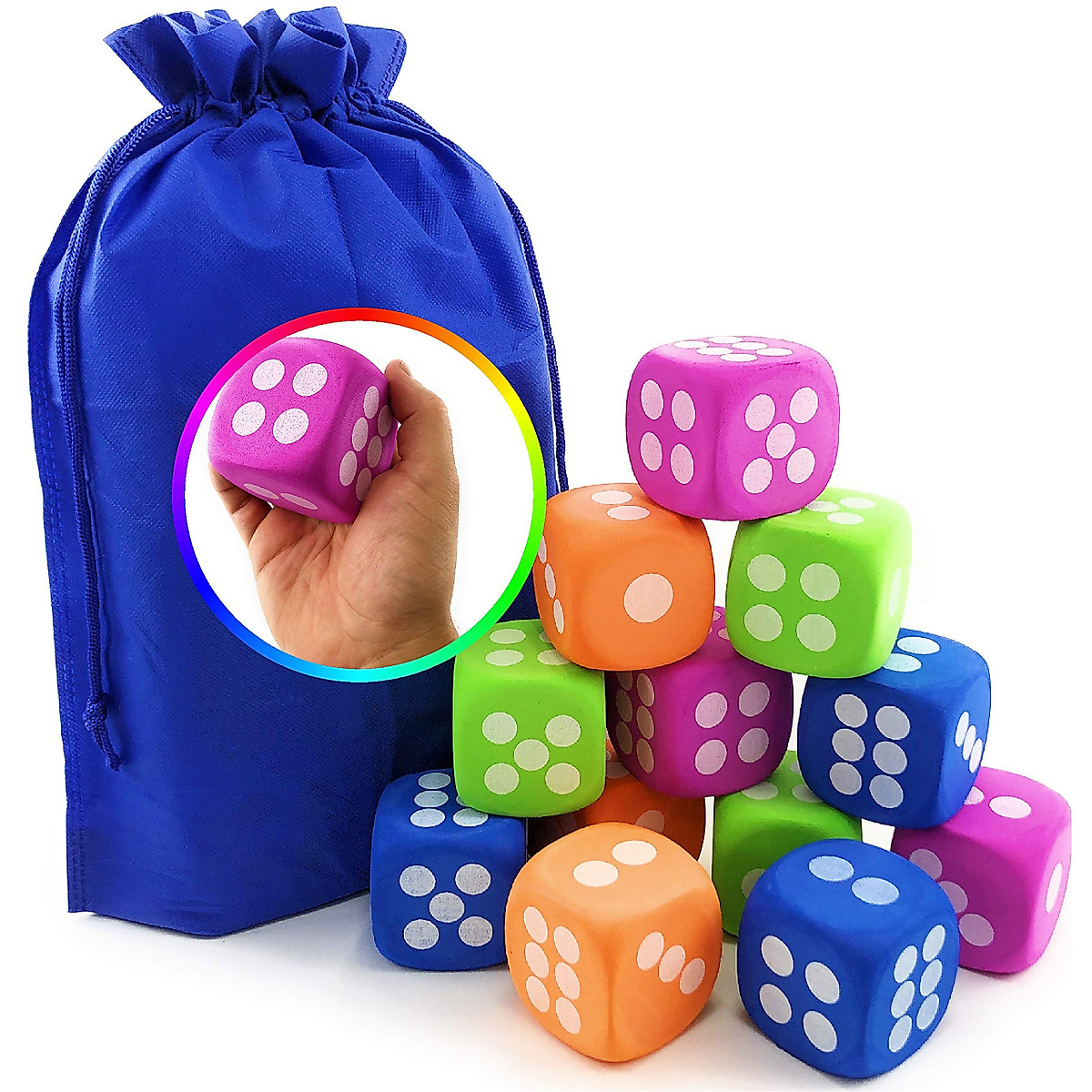 Deluxe Large 2.25" EVA Foam Dice (Pack of 12) with Bonus Matty's Toy Stop Storage Bag