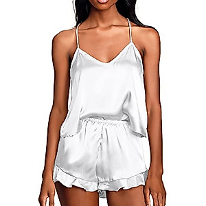 CHYRII Women's Sexy Cami Pajamas Sets Silk 2 PCS Lounge Sets with Ruffled Shorts Sleepwear White S