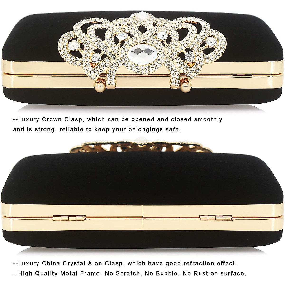 Dexmay Velvet Clutch with Rhinestone Crystal Crown Clasp Evening Bag for Formal Party Black Medium