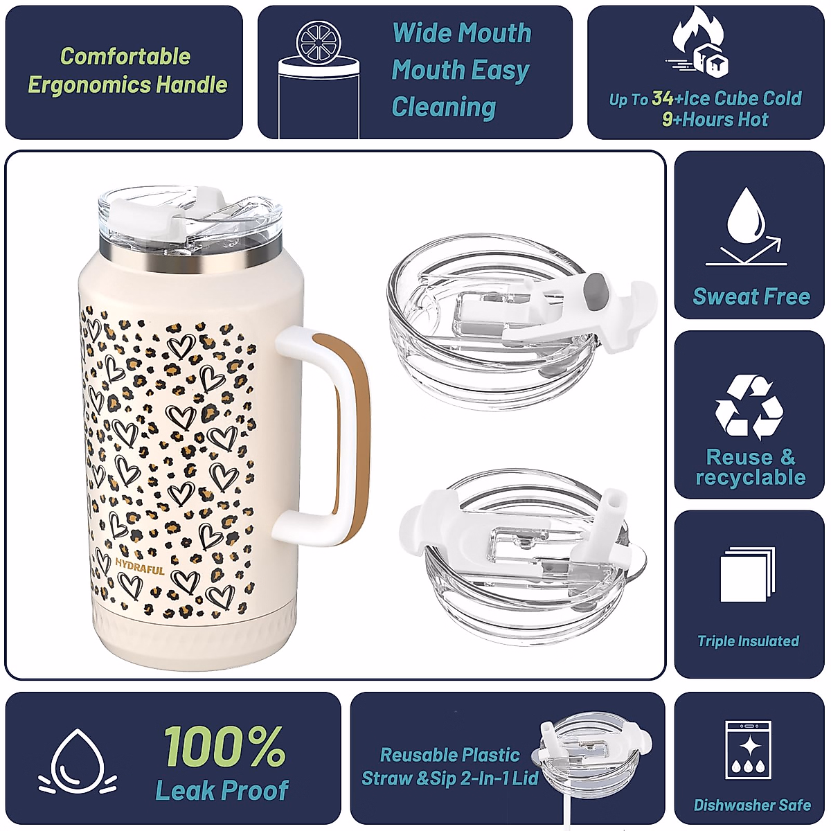 Hydraful 64 oz Tumbler with Handle and Straw - 100% Leak-Proof - Insulated Cup Reusable Stainless Steel Large Water Bottle Travel Mug for Gym, Hiking, and Camping - Gifts for Women Men Him Her