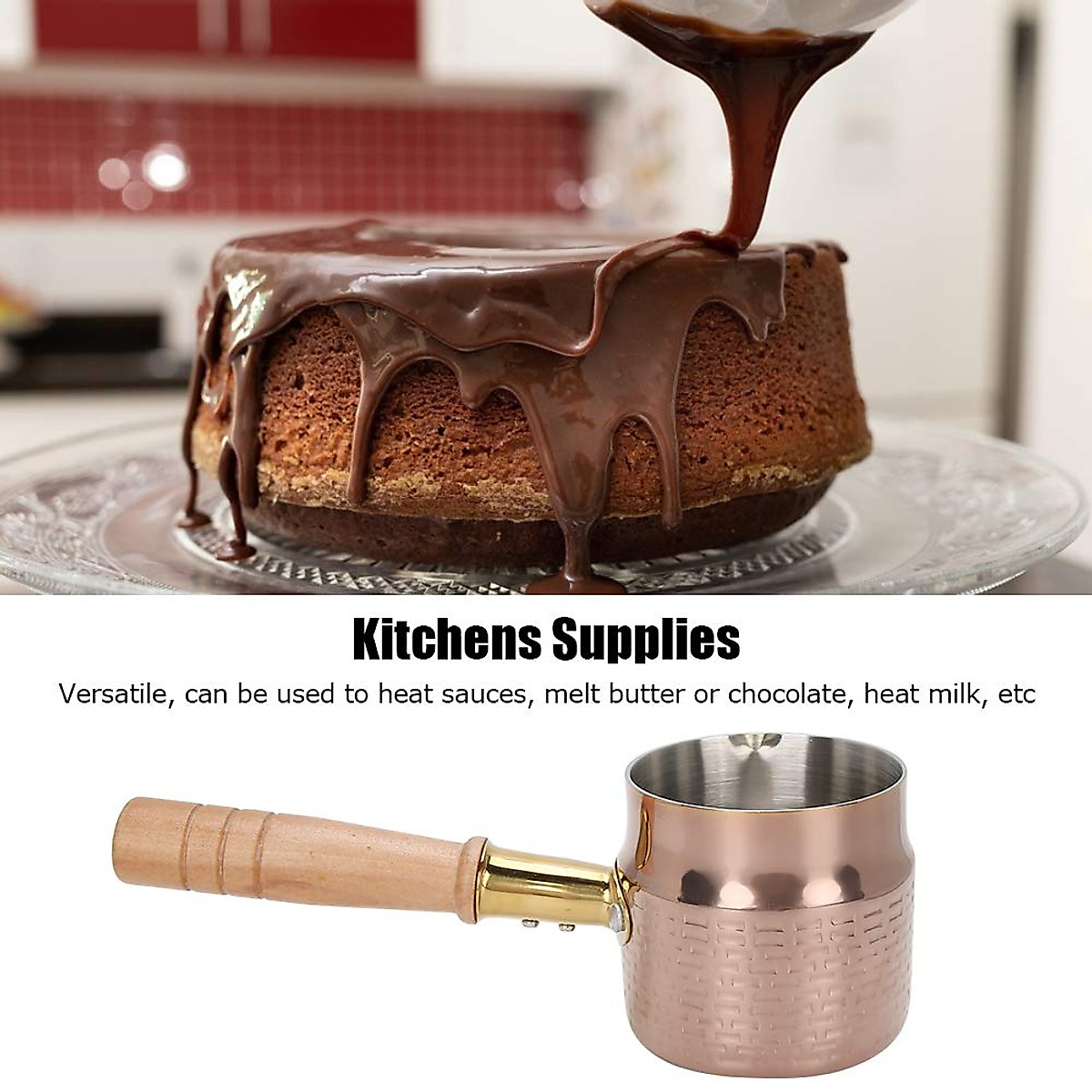 330ml Milk Pot Gold Stainless Steel Flat Bottom Butter Melting Pot with Wooden Handle, Mini Sauce Pan Coffee Warmer Pot for Chocolate Melting