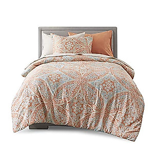 Comfort Spaces Bed in A Bag - Trendy Casual Design Cozy Comforter with Complete Sheet Set with Side Pocket, All Season Cover, Matching Shams, Twin(66"x90"), Gloria, Damask Coral 6 Piece