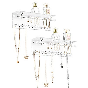Mymazn 2 Pack Acrylic Necklace Holder with Shelf, 12 Diamond Shape Hooks and Removable Bracelet Rod, Wall Mounted Jewelry Organizer Hanging Jewelry Rack Clear Jewelry Hangers for Necklace, Bracelet