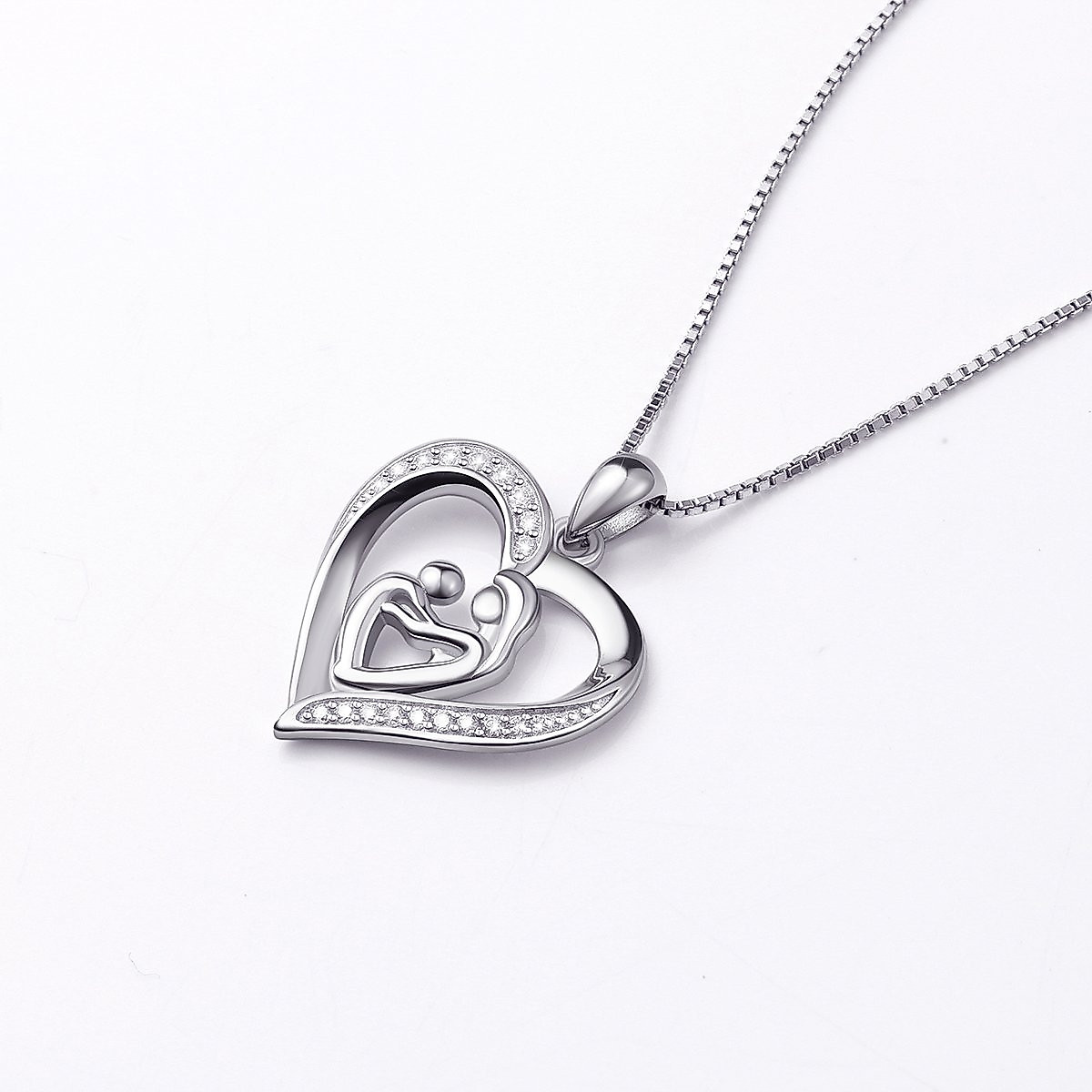 DAOCHONG Mother Holding Child Sterling Silver Mothers Love Heart CZ Pendant Women Necklace 18 inches