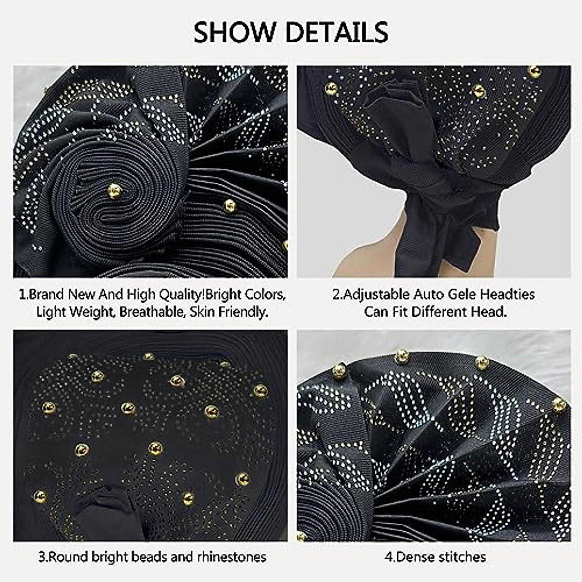 Nigerian Headtie African Head Wraps Already Made Auto Gele African Turban Cap For Party (Black)