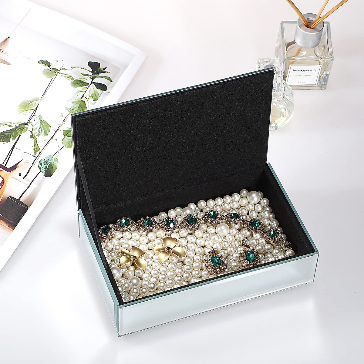 Hipiwe Jewelry Box with Glass Mirror Surface Crystal Handle, Trinket Storage Box Rings Holder Earrings Necklace Bracelet Organizer,Treasure Chest Case Keepsake Box Gift for Women Girls (Small, Silver)