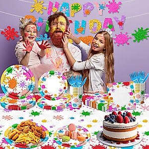 Paint Party Decorations 142Pcs Paint Splatter Party Supplies Tableware Set, Art Party Decorations Plates,Napkins,Cups,Tablecloth for Art Painting Party Supplies Birthday Baby Shower Decorations