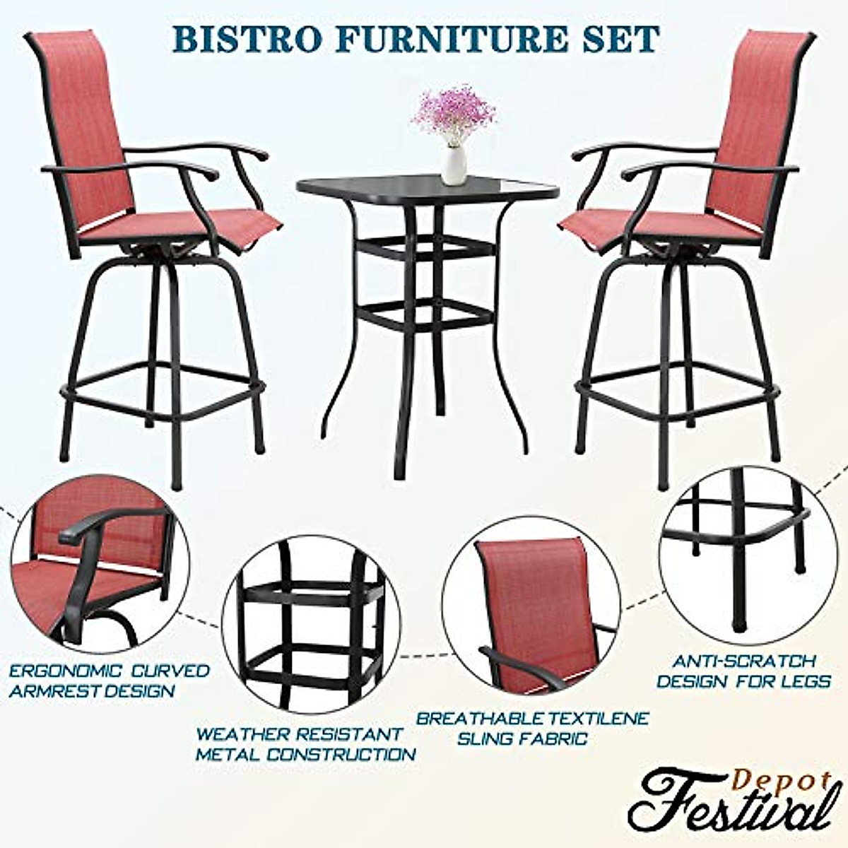 Festival Depot 2pcs Patio Dining Set Bar Height Stools Swivel Chairs with Armrest All Weather Metal Outdoor Furniture for Bistro Yard (Red)