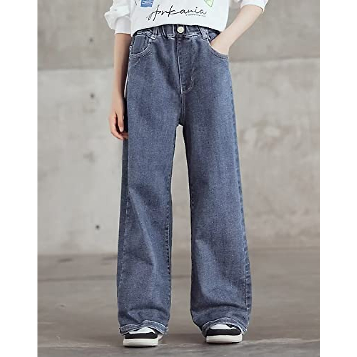 Sitmptol Teen Girls Blue Ripped Jeans Wide Leg High Waist Denim Trousers Loose Streetwear Jeans Baggy Pants Denim Blue 160 11-12 Years