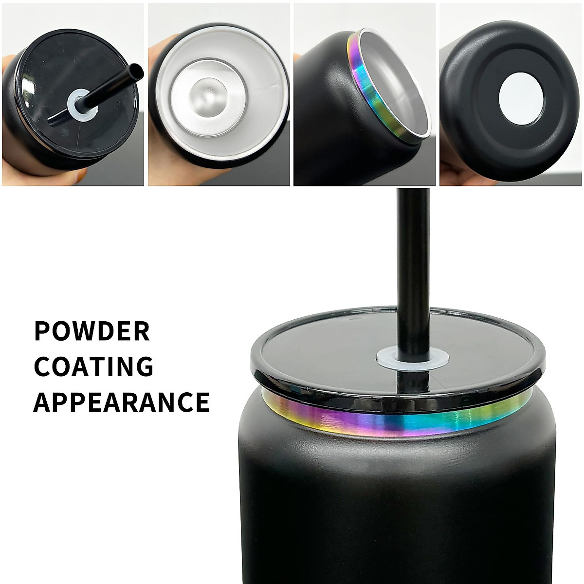 Glass Cups with Lids and Straws, 16 oz Stainless Steel Cups, Insulated Skinny Tumbler, Powder Coated Travel Mugs for Laser Engrave, Iced Coffee Cup for Smoothie Water DIY Gift (Black,1 pack)