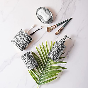 Silver Bathroom Accessory Sets 4 Piece Ceramic Gift Set Apartment Necessities,Includes Soap Dispenser, Toothbrush Holder, Toothbrush Cup, Soap Dish for Decorative Countertop and Housewarming Gift.