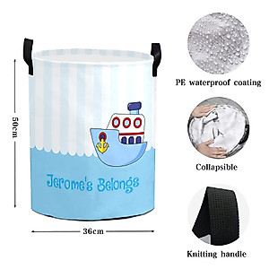 Custom Laundry Hamper, Cartoon Striped Blue Ship Boat Laundry Basket Round Clothes Storage Basket for Bedroom, 14.17x19.68 in