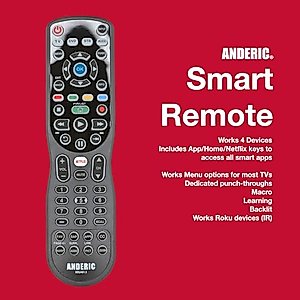 4-in-1, 4-Device IR Universal Remote Control with Macro, Learning, Backlit, Netflix Apps Keys for All TVs, Streaming Players, BluRay Player, Audio, Cable, Roku, Apple TV and More - Anderic RRU401