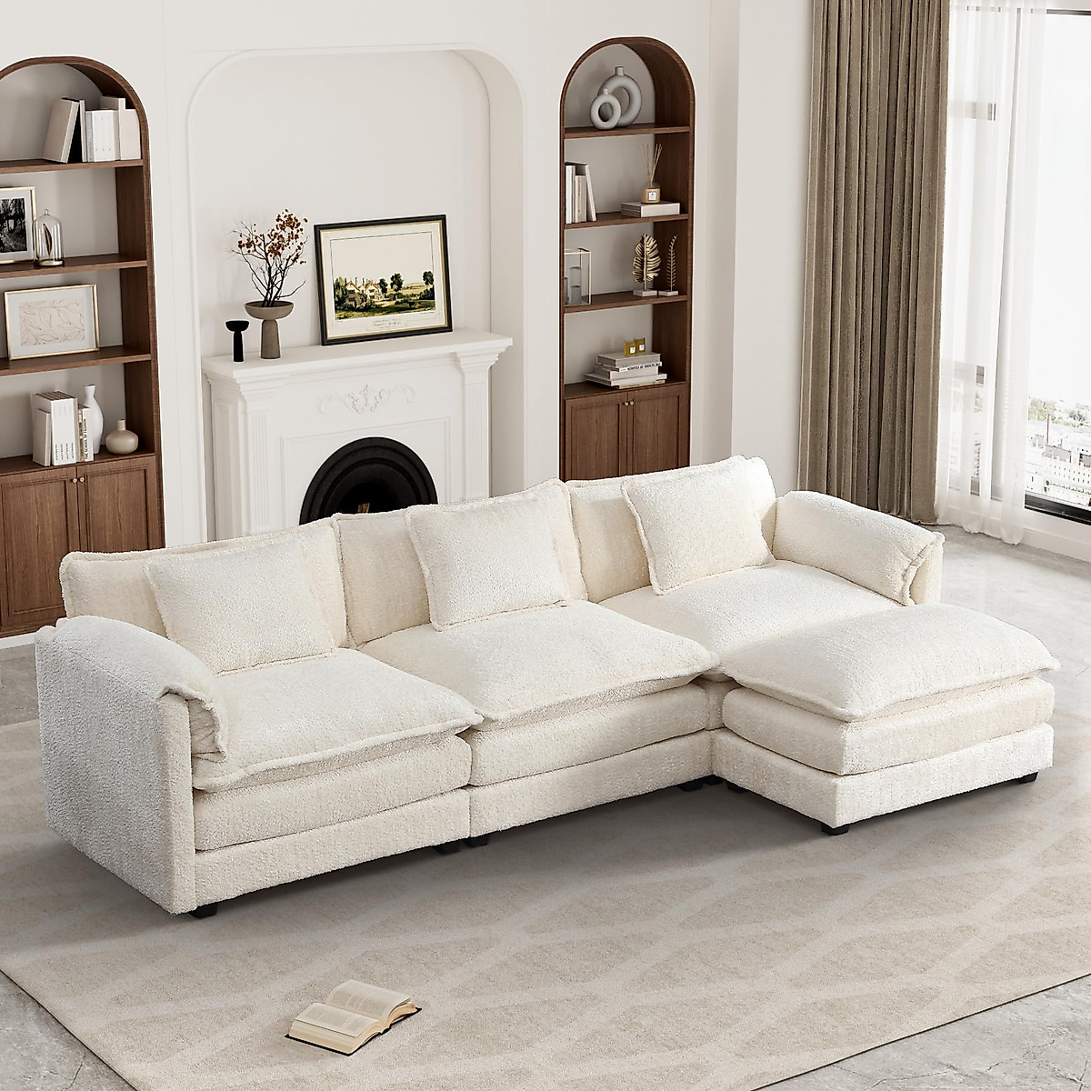 OUYESSIR Oversized Sectional Sofa Cloud Couch for Living Room, 112" Chenille Modern Upholstery L Shape Sofa, Comfy Boucle Modular Sleeper Sofa with Ottoman & Memory Foam,White