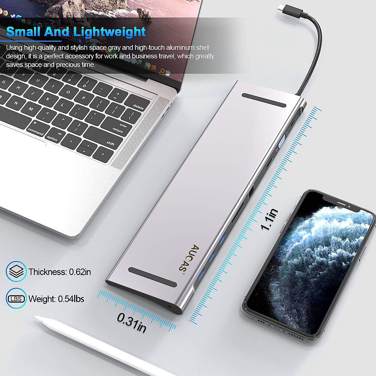 11 in 1 Aluminum USB C Hub, AUCAS Type C Hub Adapterr with ethernet USB-C PD (40 Gbps), 4K HDMI, USB-C Data, SD/Micro Card Reader, USB 3.0-Compatible with 2020/2018 MacBook Air, MacBook Pro (Gray)