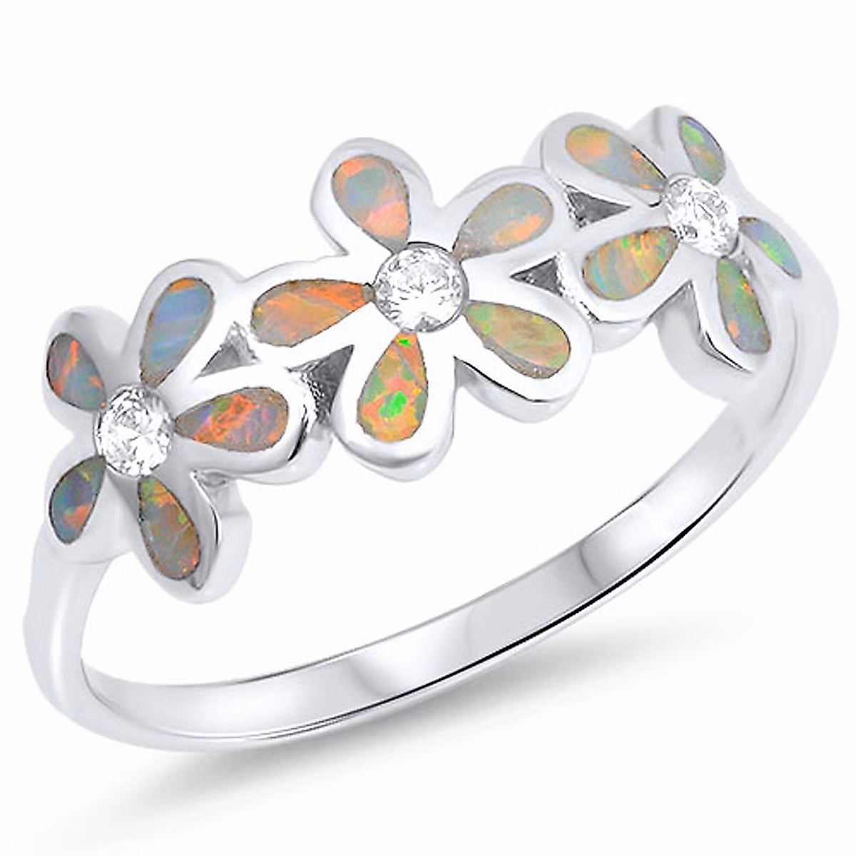 Clear CZ White Simulated Opal Plumeria Flower Ring 925 Sterling Silver Band Size 8
