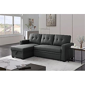 Pemberly Row L-Shaped Transitional Polyester Fabric Reversible, Easy Convertible Pull-Out Sleeper Sectional Sofa/Storage Chaise with Tufted Back Cushions and Track Arms in Dark Gray