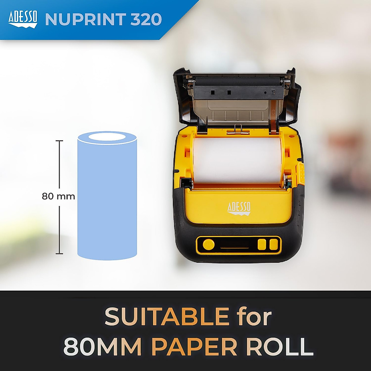 Adesso 3" 80mm Portable Bluetooth Thermal Printer - High-Speed 90mm/s, Compatible with Android, iOS, Windows - Anti-Drop, Shockproof, Water-Resistant NuPrint 320B