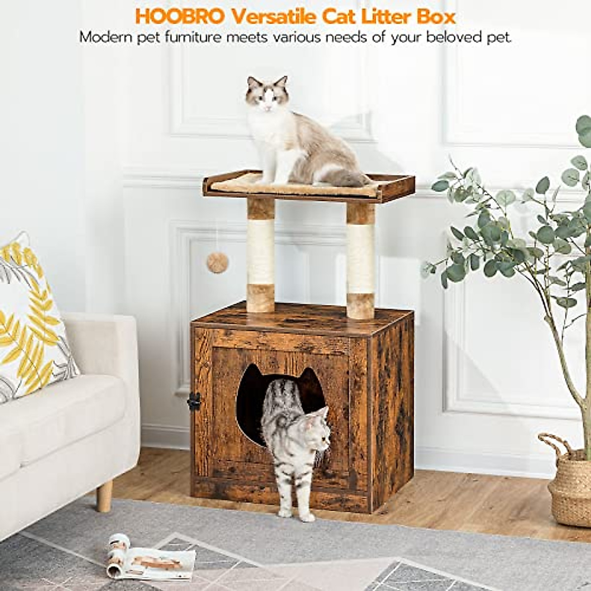 HOOBRO Litter Box Enclosure with Cat Tree Tower, Litter Box Furniture Hidden with Cute Entrance, Private Washroom with Sisal Scratching Posts, Cat Head Door and Large Platform, Rustic Brown BF11MW03