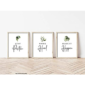 Botanical Inspirational Motivational Wall Art Office Decor - Unframed Set of 3 - 8x10 inch - Black and White Sage Green Leaf Plant Wall Art Posters for Office, Positive Office Decor, Inspirational Motivational Office Wall Decor Posters, Office Wall Art fo