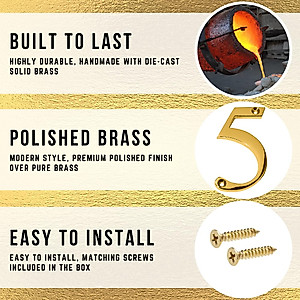 Clio 3-Inch Solid Brass Letters Address Signs For Houses Mailbox Numbers House Numbers For Outside, Address Plaques for House Numbers For Modern Mailbox, Outdoor Wall Decor (Polished, Number 5)