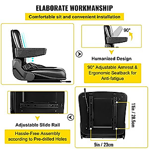 VEVOR Universal Forklift Seat Black PVC Tractor Seat, 6"/150MM Adjustable Mower Seat Foldable Seat Including Armrests, Seat Belt, Seat Switch, Skid Steer Seat Fit Forklift, Tractor, Skid Loader