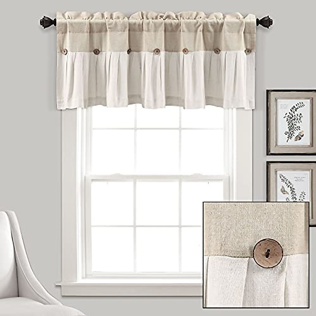 Lush Decor Linen Button Farmhouse Valance, 18"L x 52"W, Linen